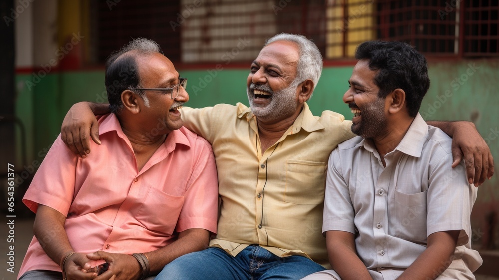 Three Indian men friends smiling and laughing together, dressed in ...