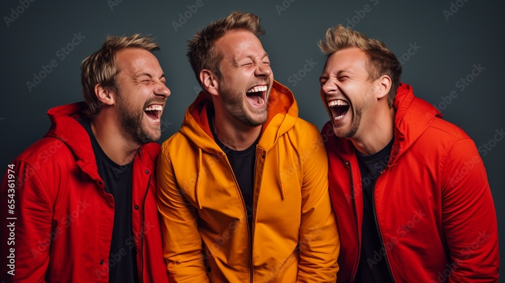 Three Norwegian men friends smiling and laughing together, dressed in ...