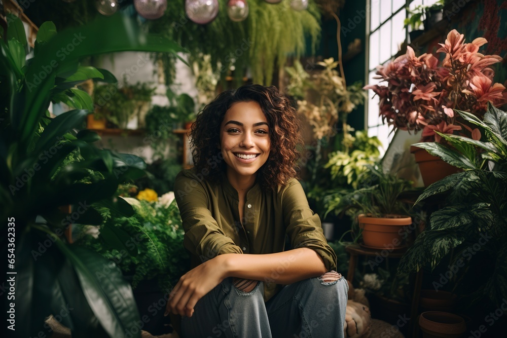 A creative female influencer, with an inviting smile, backdrop filled ...