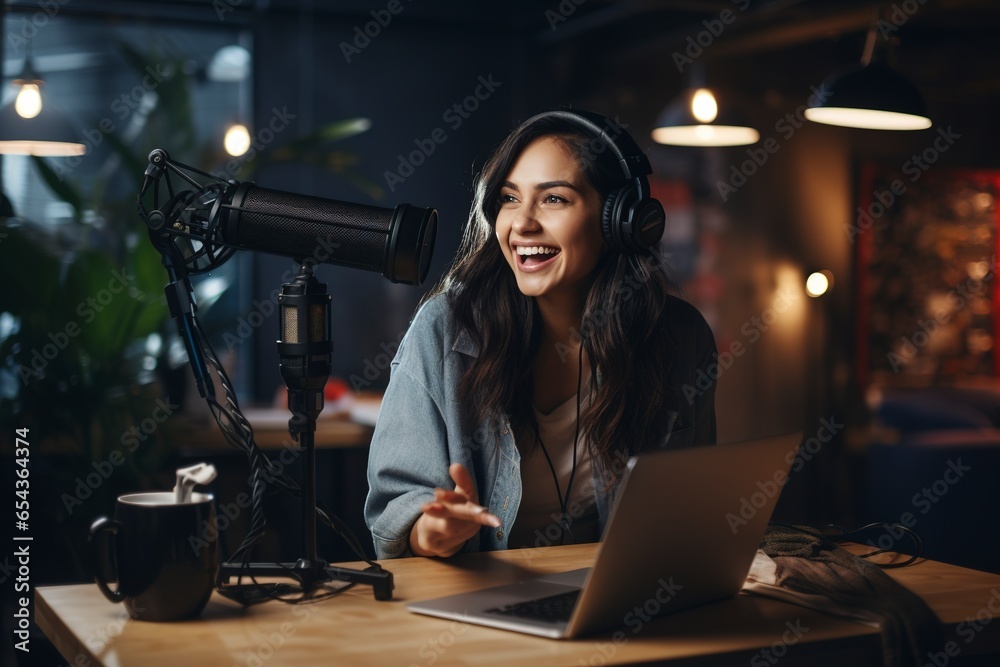 enthusiastic female influencer content creator, sits in a well-lit ...