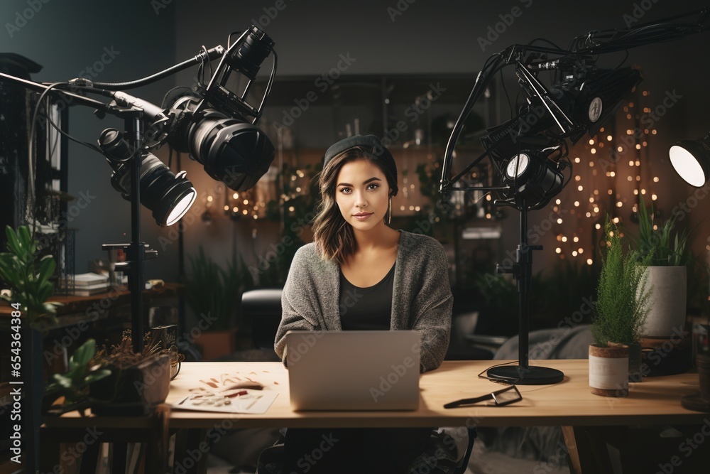 enthusiastic female influencer content creator, sits in a well-lit ...