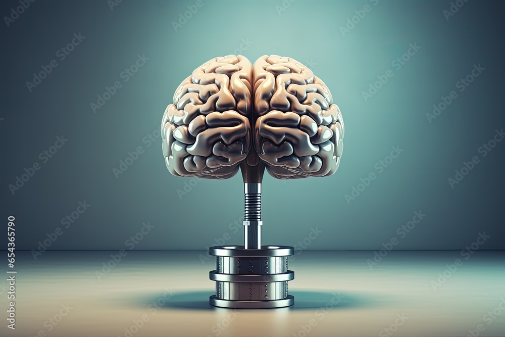 Artistic sculpture of a steel replica of a human brain exercising with ...