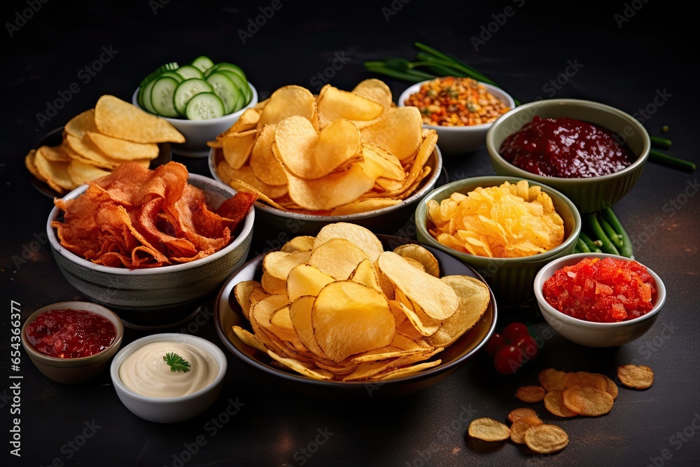 Assortment of flavored potato chips in bowls with various toppings salt ...
