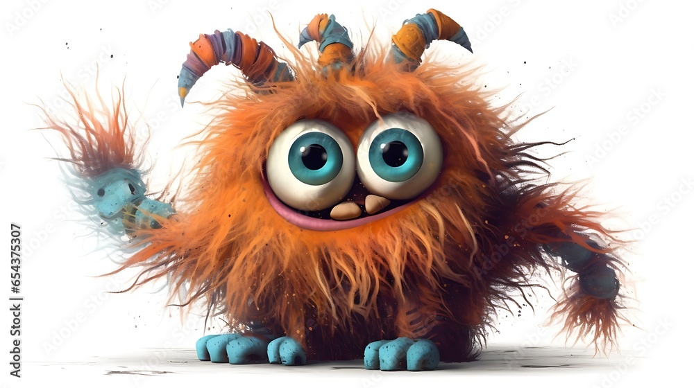 Furry hairy monster friendly funny smiling monster with long hair and ...