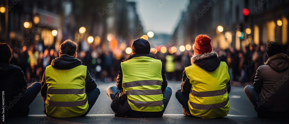 Climate change protest activists wearing yellow jacket sit on a road ...