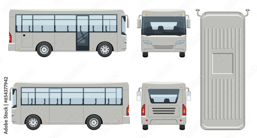 Small bus vector template with simple colors without gradients and effects. View from side ...