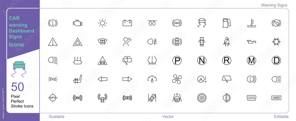 Car Dashboard warning signs and symbols icon | 50 set single stroke ...