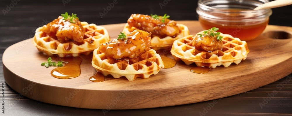 An artistic shot focusing on a trio of mini chicken and waffle bites ...