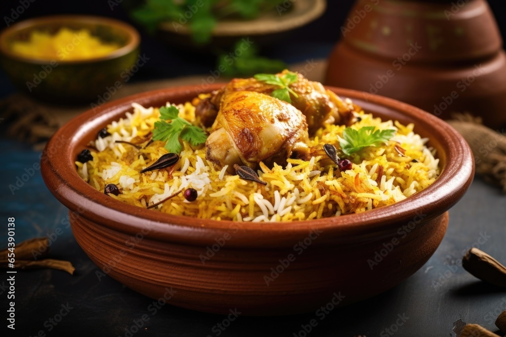 Side angle shot of an exotic dum biryani, featuring succulent layers of ...