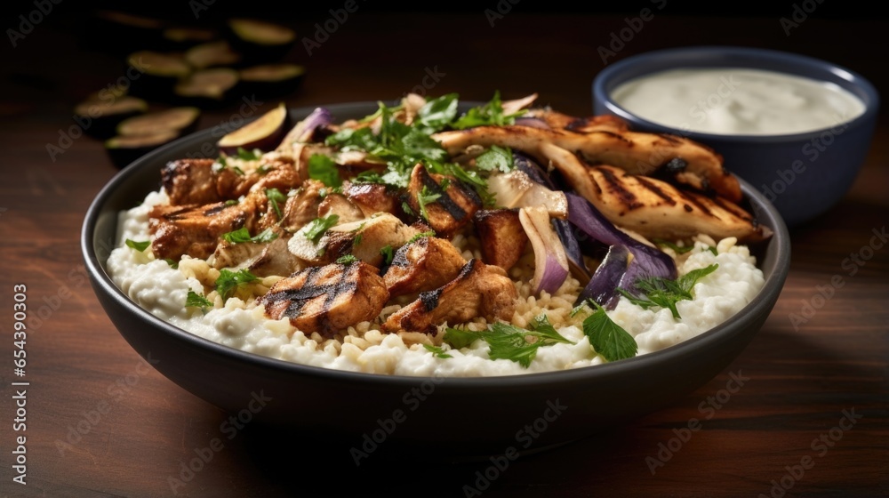 This captivating shot features a deconstructed shawarma bowl ...
