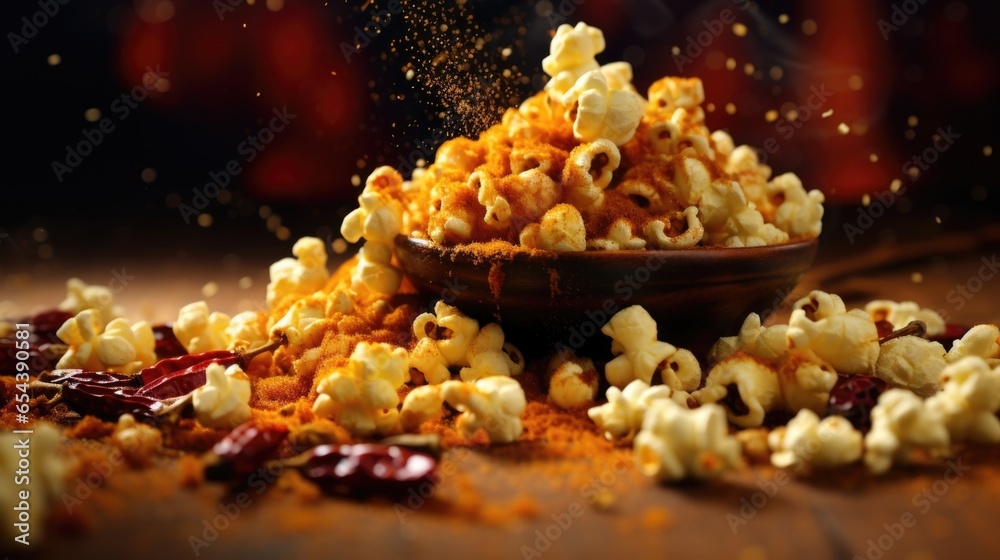 An artistic capture showcasing popcorn coated in a vibrant blend of ...