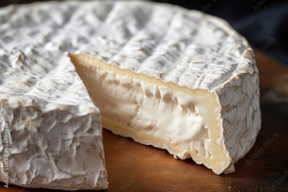 focuses on a small wheel of soft, bloomy rind cheese. Its velvety ...
