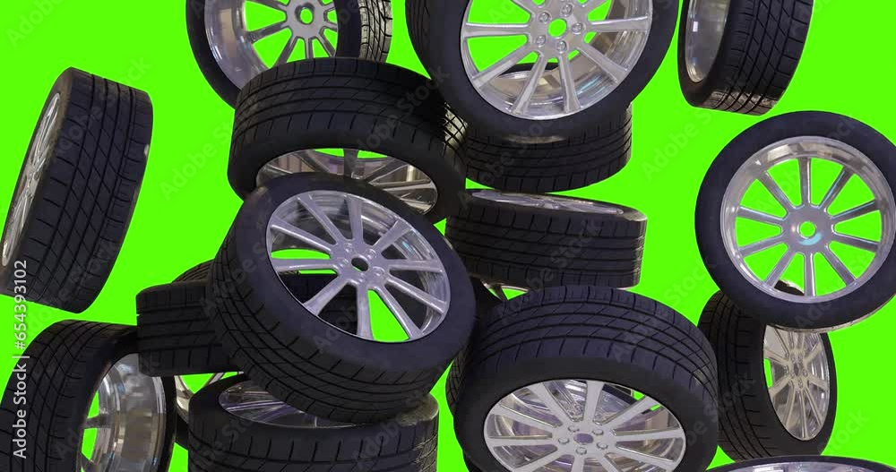 3d render piles of wheels and tires fall and fill the entire screen ...