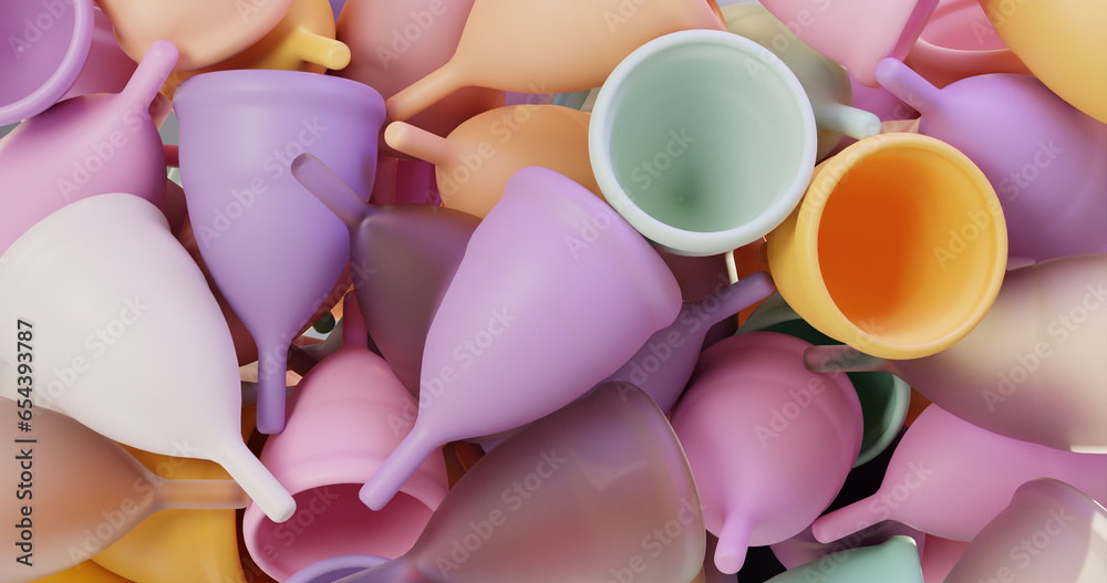 3d illustration of a render of colorful bright menstrual cups. Women's ...