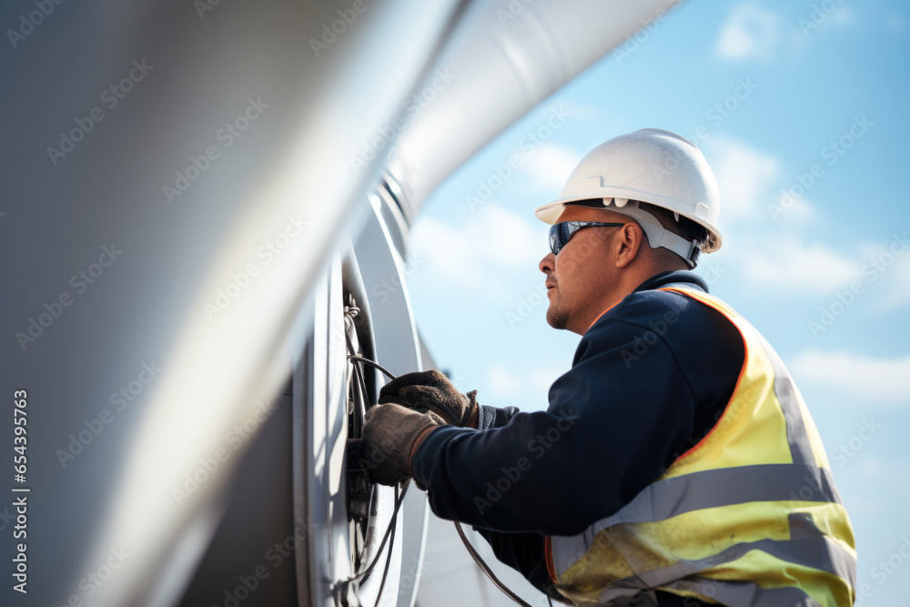 Wind turbine engineer checking installation. Wind turbine field or farm ...