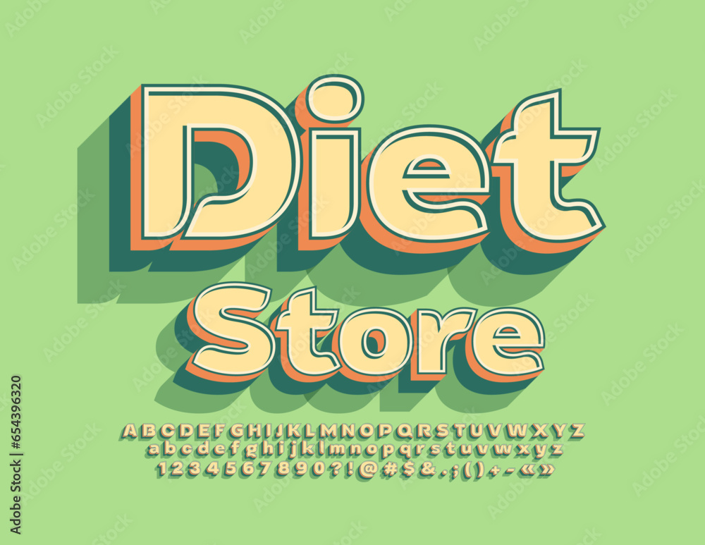 Vector bright Emblem Diet Store. Retro style Font. Creative 3D Alphabet ...