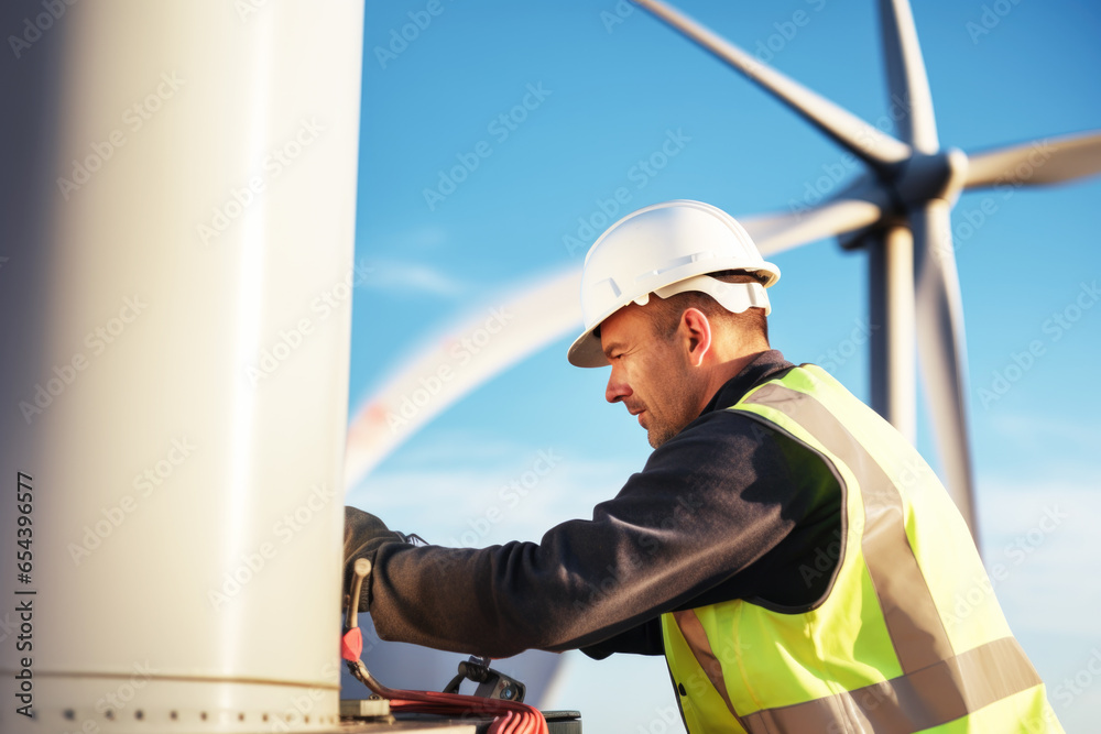 Wind turbine engineer checking installation. Wind turbine field or farm ...