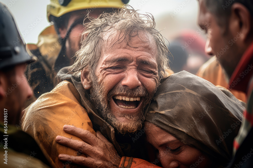 An Image Capturing the Dramatic Emotion of Relief as a Tearful Survivor ...