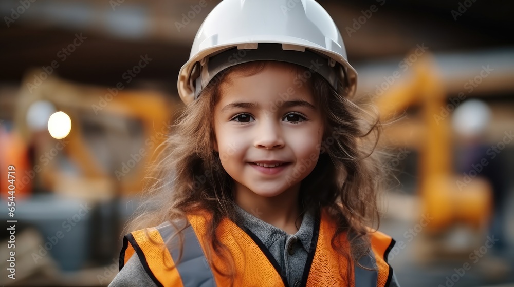 Little girl wearing a construction worker uniform against a ...