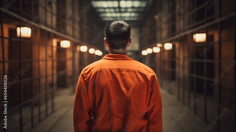 prisoner in an orange prison uniform against the backdrop of a prison ...