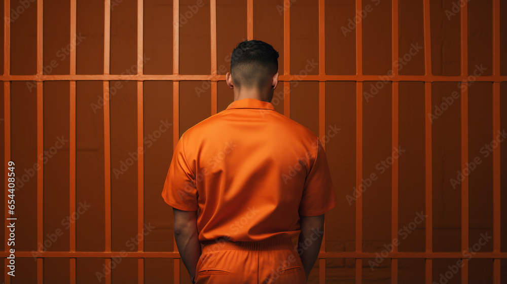 prisoner in an orange prison uniform against the backdrop of a prison ...