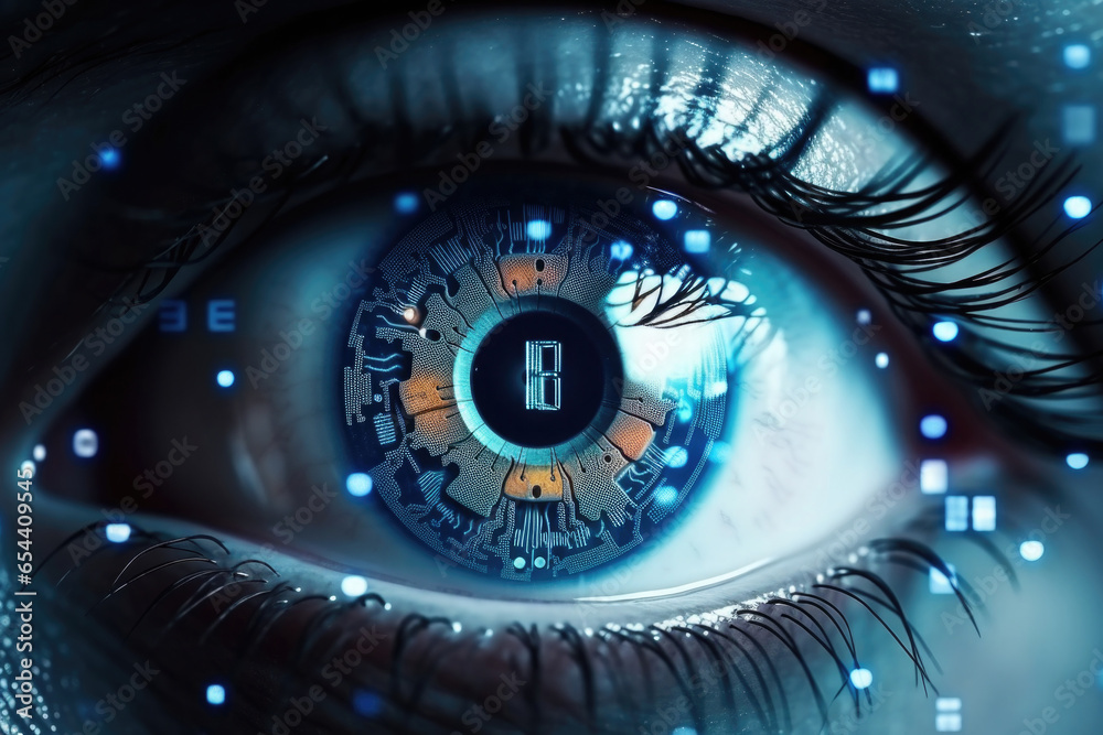 Female cyber eye. Futuristic bionic technology. Digital human eye model ...