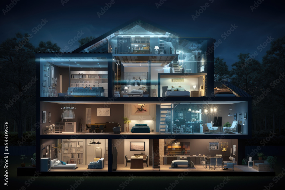 Residential house cross section. Building project cutaway. Front view ...