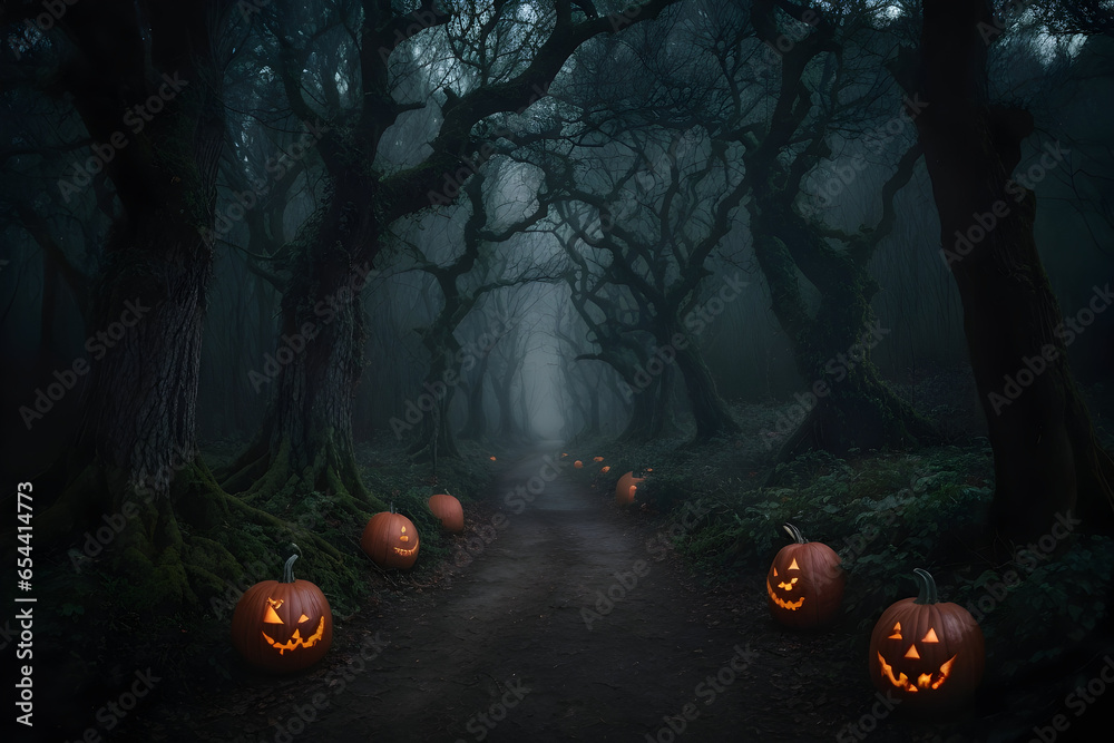 Create a dark and eerie forest scene with gnarled trees, a winding path ...