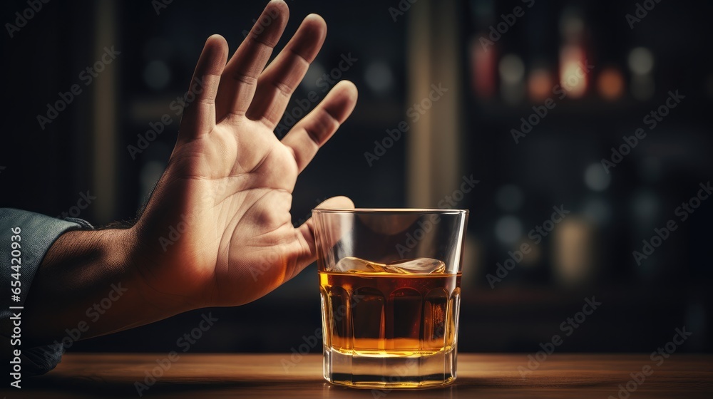 man refuses say no and avoid to drink an alcohol whiskey , stopping ...