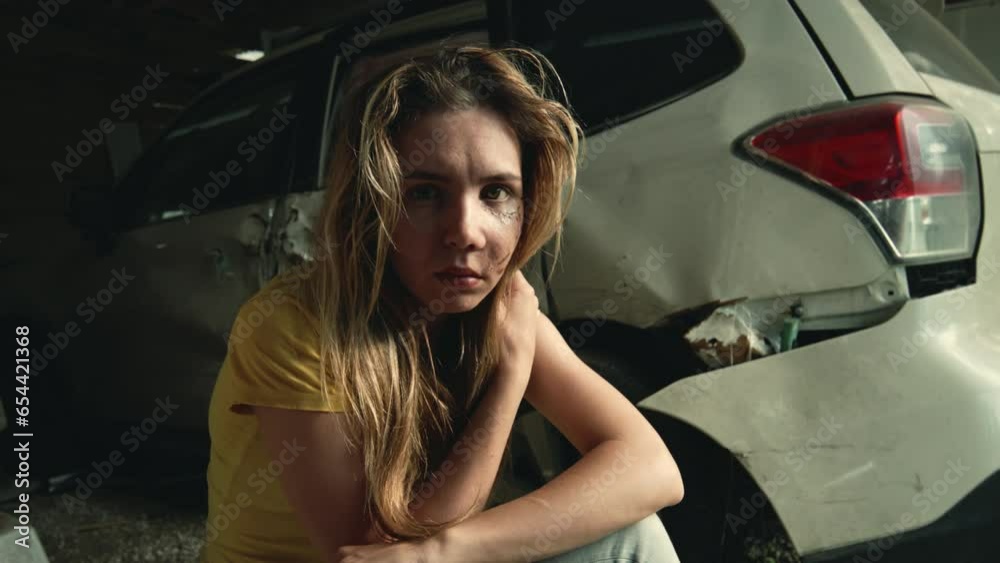 Sad knocked down woman with injuried face sitting on ground with ...