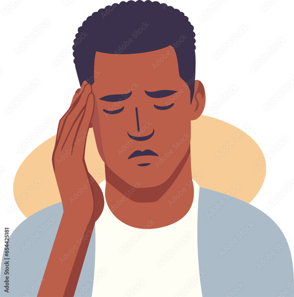 Young black male experiencing a headache flat style vector illustration ...