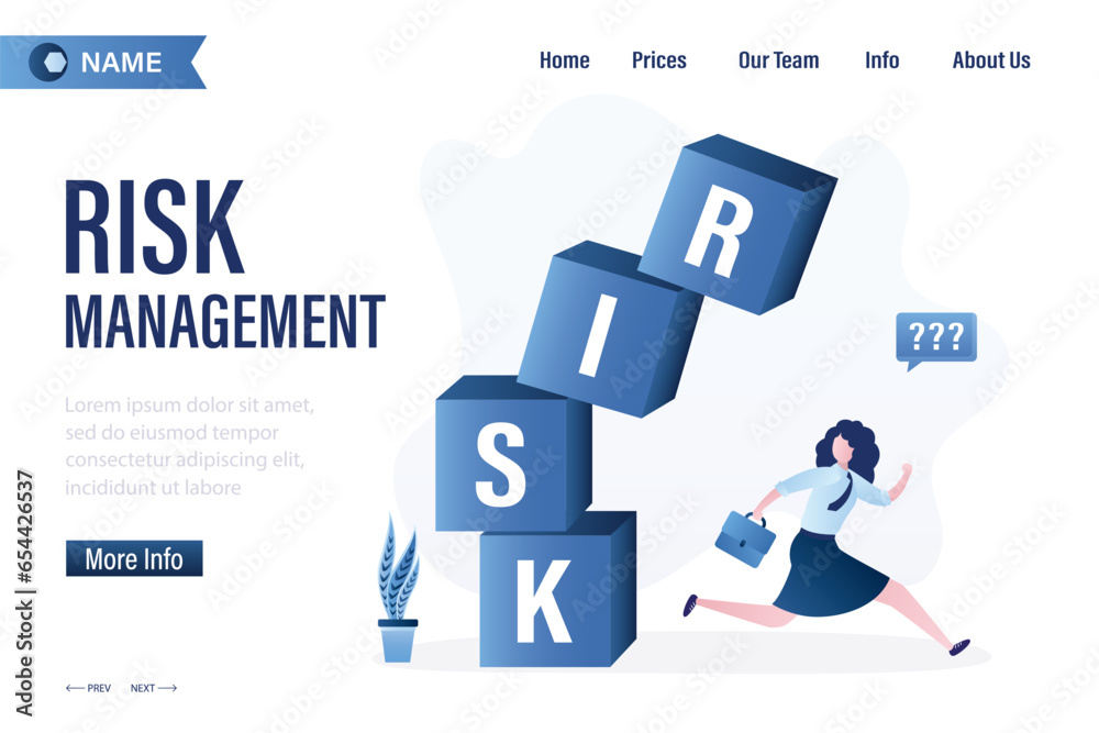 Risk management, landing page template. Businesswoman run away from ...