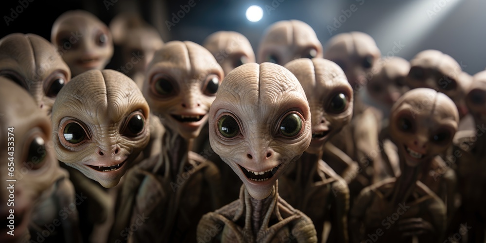 Group of out of space aliens posing inside their space ship ready to ...