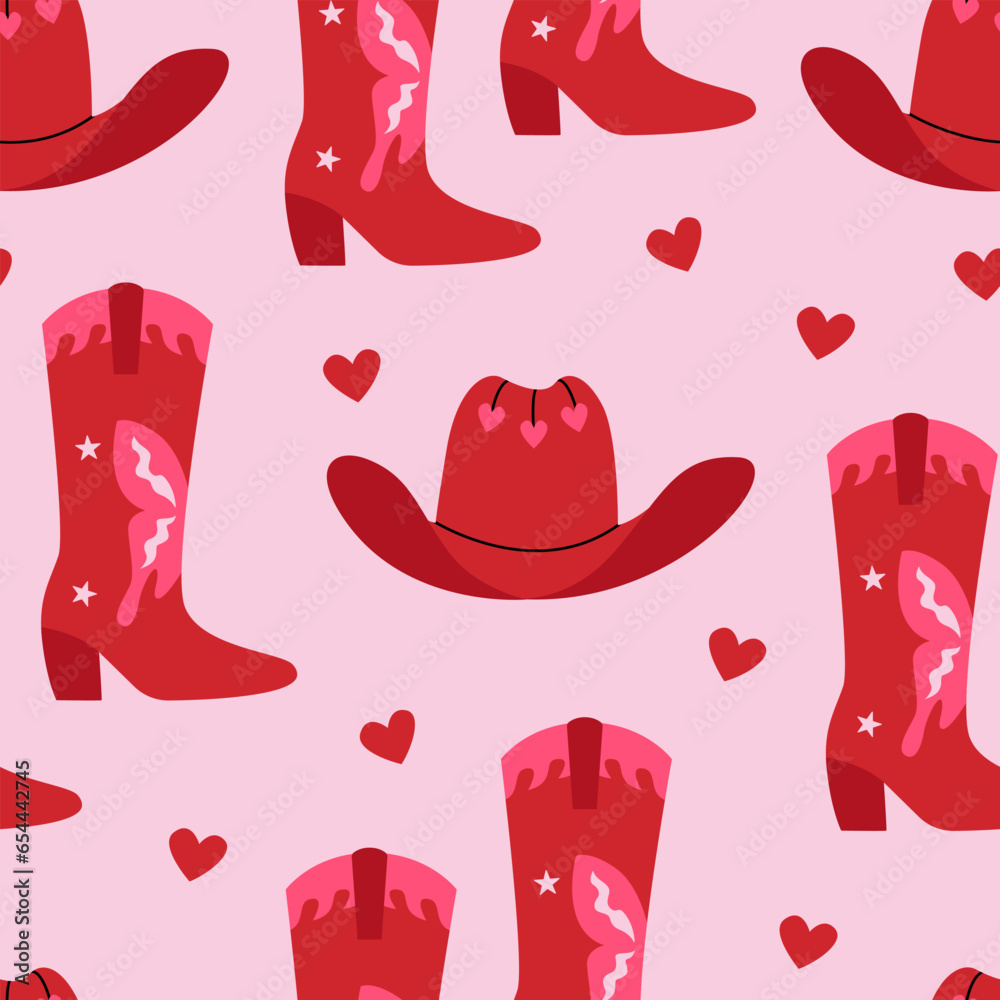 Seamless pattern with red cowboy boots, hats and hearts. Vector flat ...