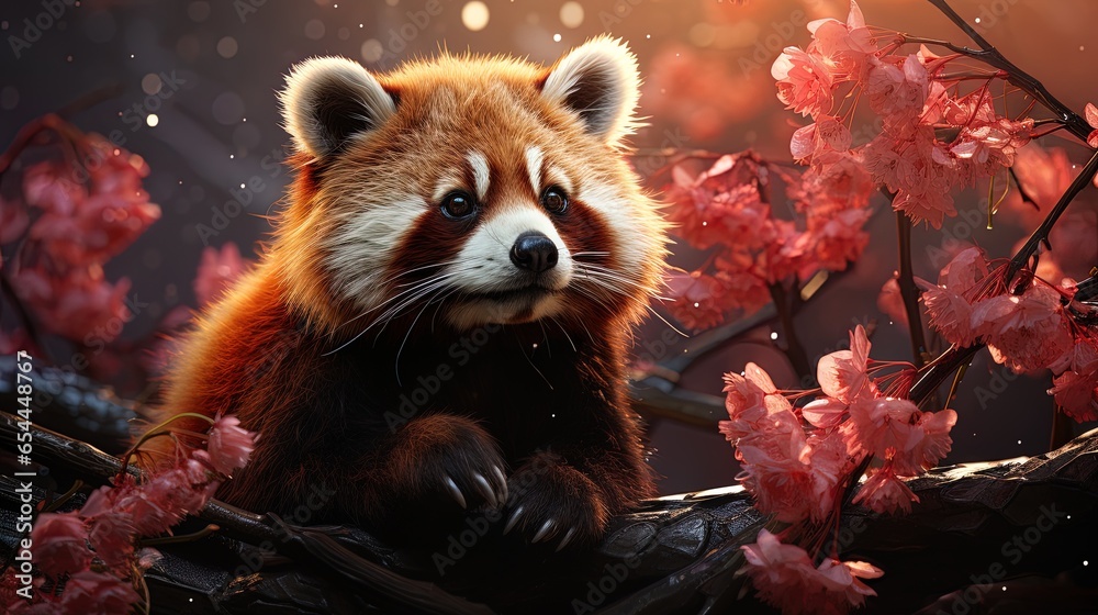 Funny red panda on a background of blooming sakura. Red panda in a ...