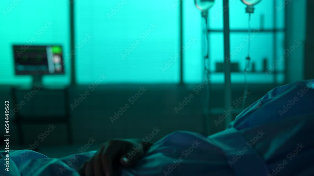 Close-up detail video of an unrecognisable patient dying in a hospital ...