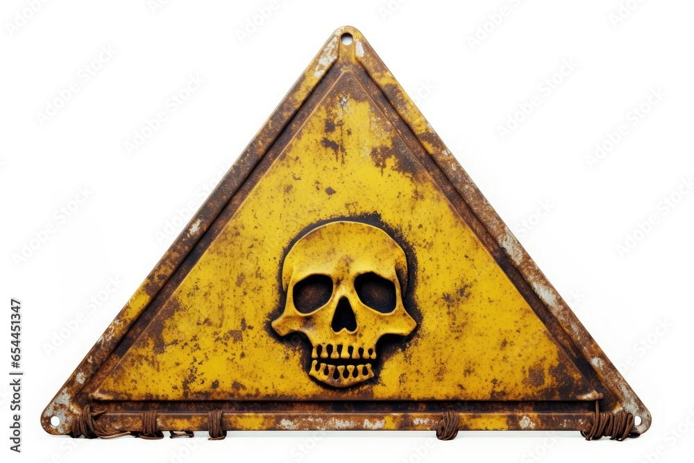 Warning sign with yellow triangle skull and cross bones on white worn ...