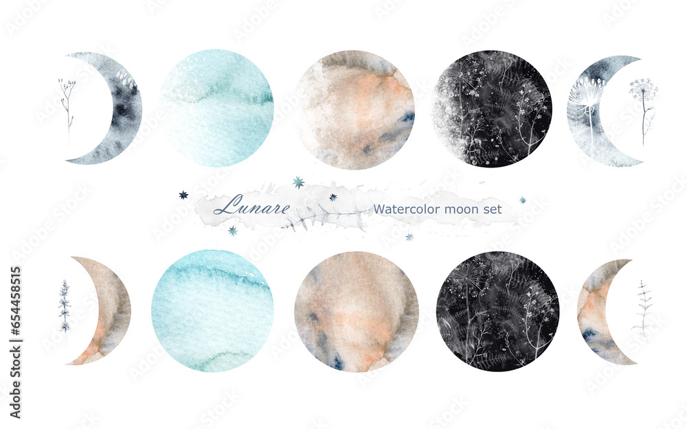 Collection of moons and moon phases in watercolor texture. Light blue ...