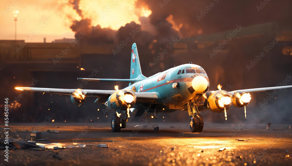 war plane shot and exploded in the sky in the world war II. jet ...