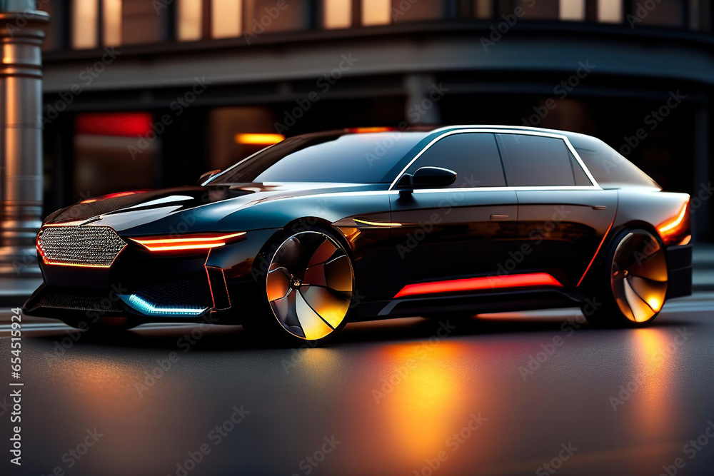 one Futuristic Self-Driving Van Moving on a Public Highway in a Modern City with Glass ...