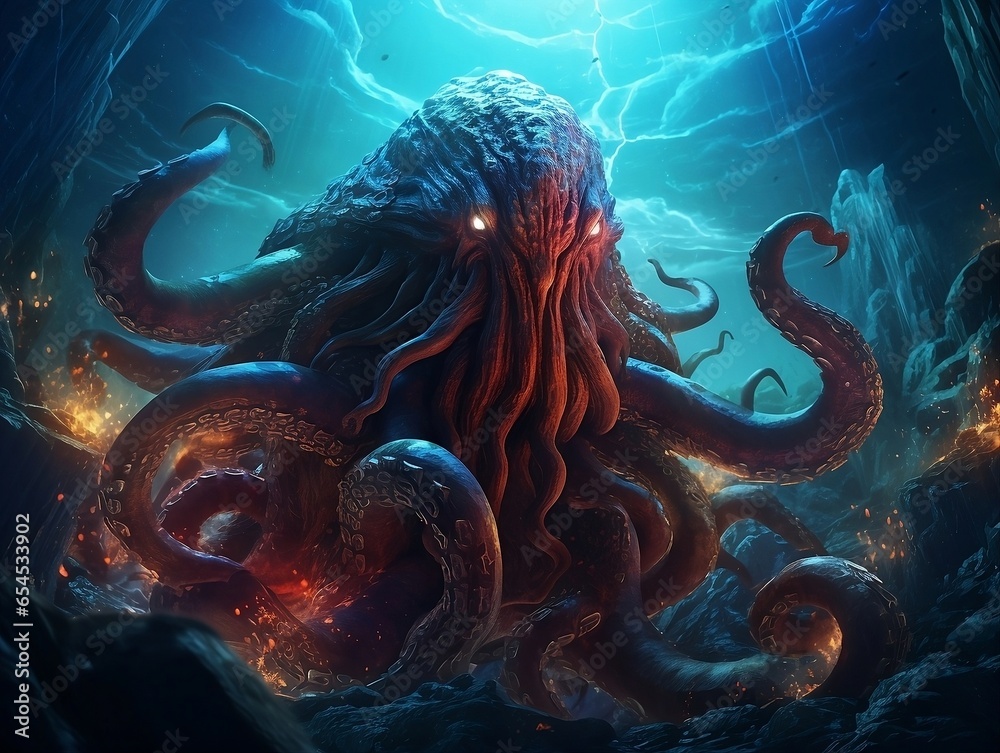 Ocean's Enigma: Kraken Legendary Sea Monster with Swirling Water ...