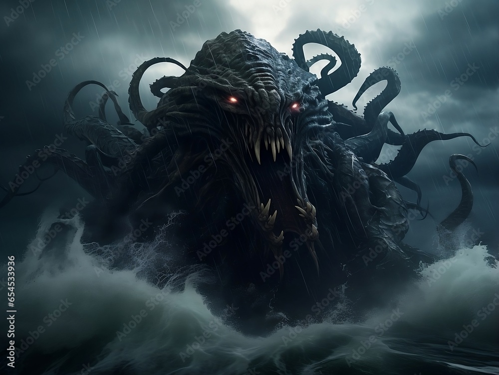 Ocean's Fury: Kraken, the Legendary Sea Monster, with Giant Tentacles Emerging from Churning ...