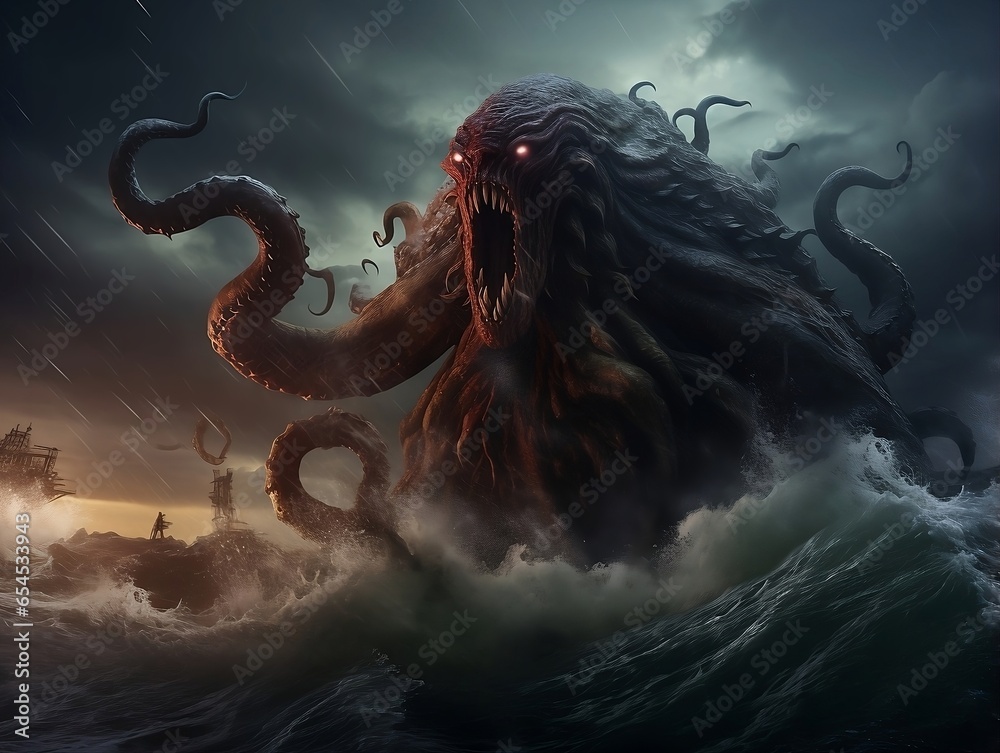 Ocean's Fury: Kraken, the Legendary Sea Monster, with Giant Tentacles Emerging from Churning ...
