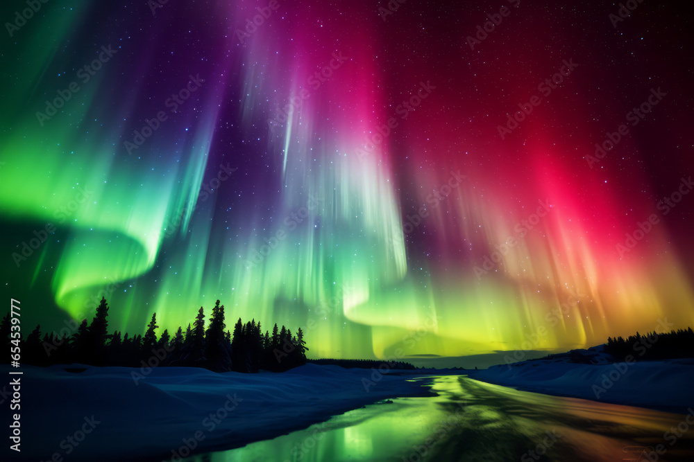 Beautiful green and red aurora and stars dancing in the winter sky ...