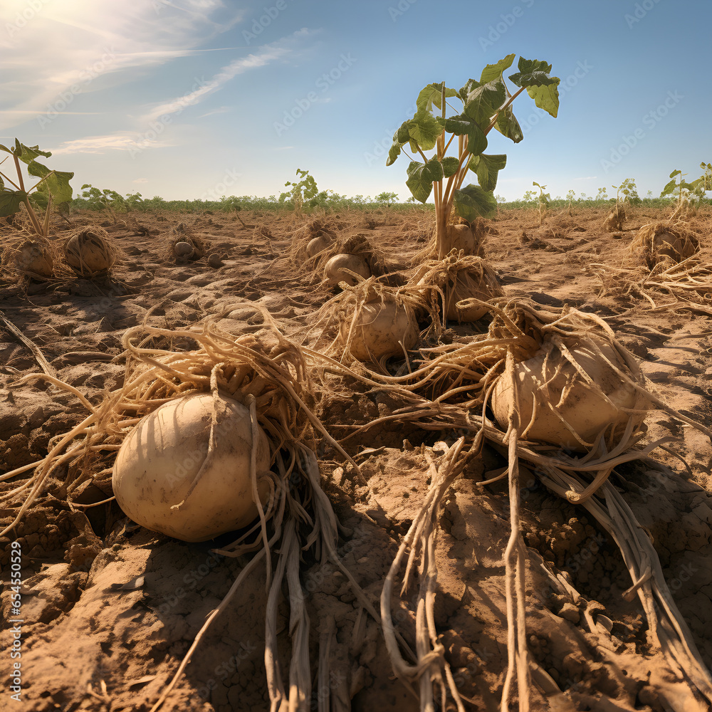 Rotting field of potatoes in france with roots sticking out, caused by ...