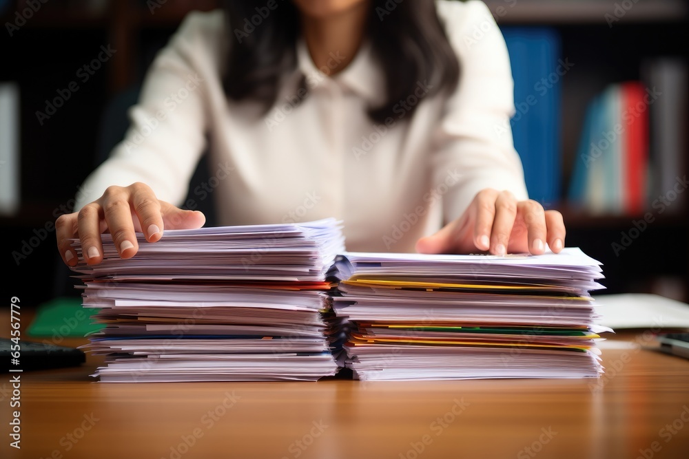 A woman's hands are busy sifting through stacks of paper files on her ...