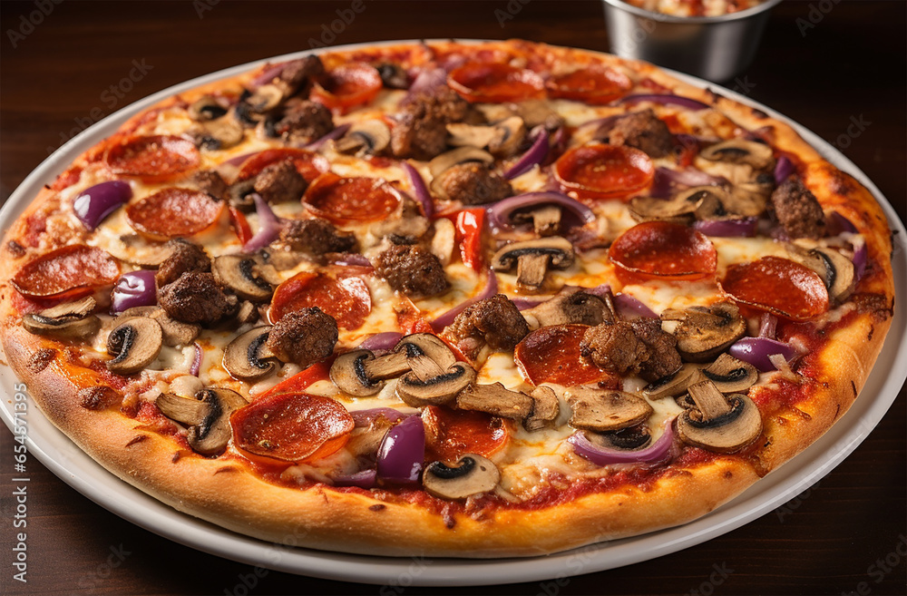Supreme pizza made of tomato sauce, mozzarella cheese, pepperoni ...