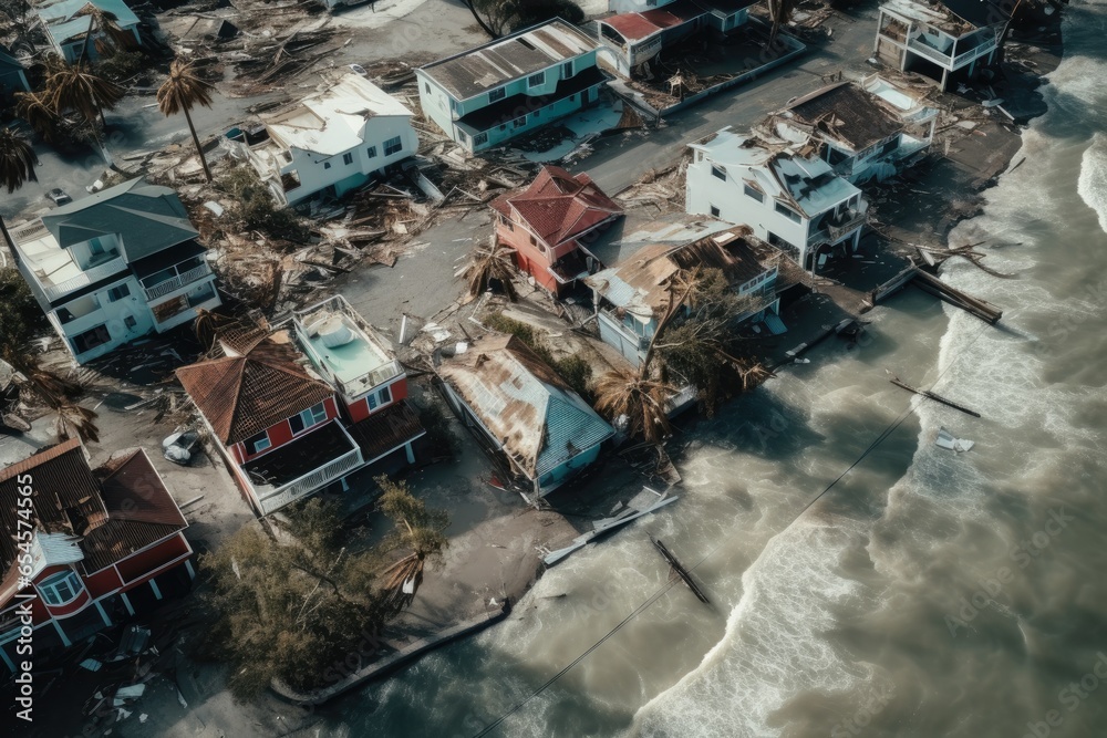 Aerial POV view Depiction of flooding. devastation wrought after ...