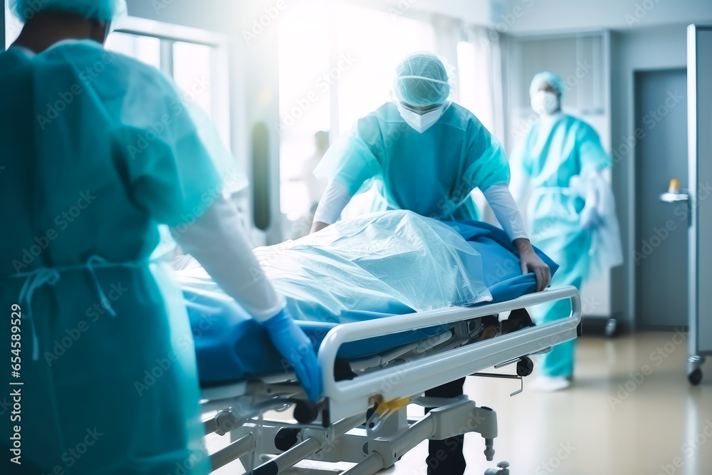 A hospital emergency scene, with doctors and nurses moving a patient on ...