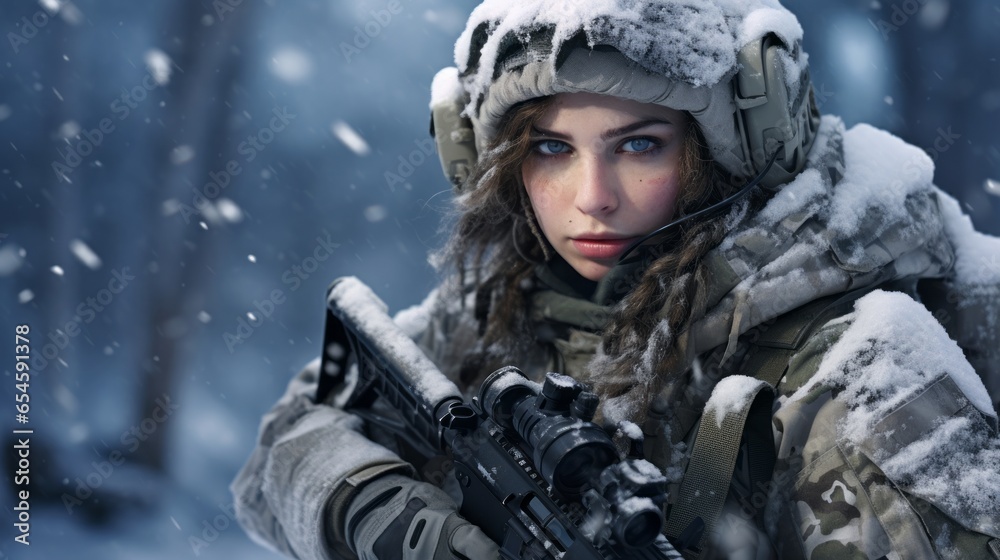 Muscular Female Soldier in Winter Camo Uniform in Snowy Landscape Stock ...